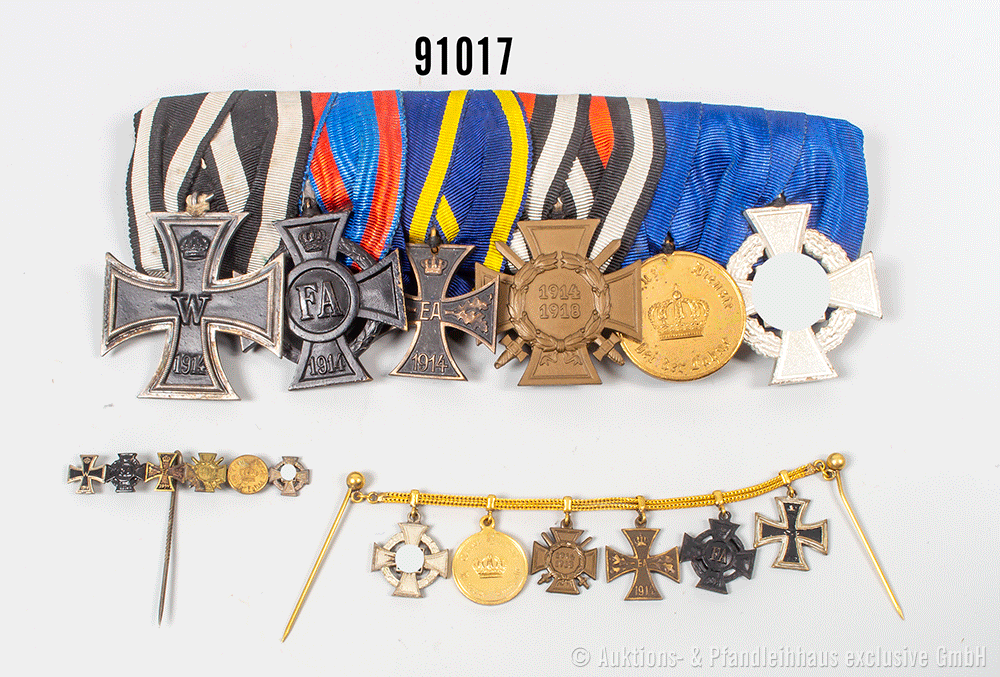 Konv. 6er Ordenspange, EK 2 1914, Oldenburg Friedrich-August Kreuz ...