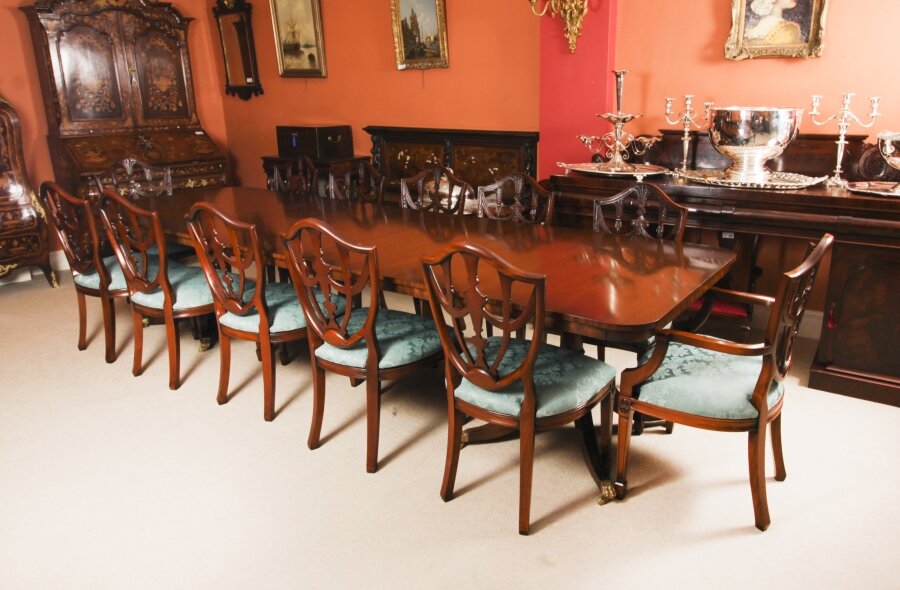 Vintage 12ft Twin Pillar Dining Table & 12 Federal Dining Chairs 20th C ...
