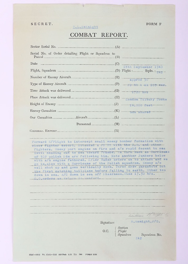 WW2 Royal Air Force Battle of Britain Combat Report of Pilot Officer ...