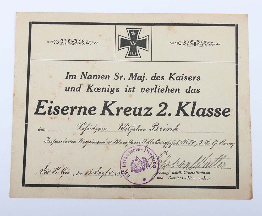 WW1 1914 Iron Cross 2nd Class Certificate to Rifleman Wilhelm Brink ...