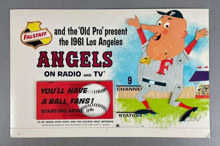 1961 Falstaff Beer L.A. Angels Baseball Old Pro Advertising Sign | Barnebys