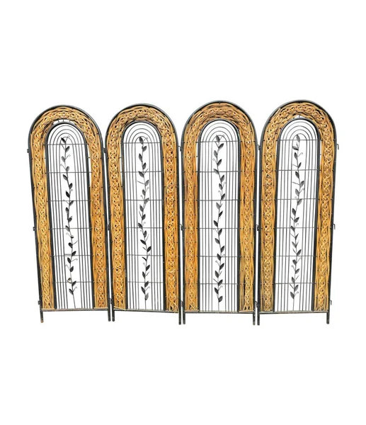 A 1970s French woven rattan and metal four panelled room divider screen ...