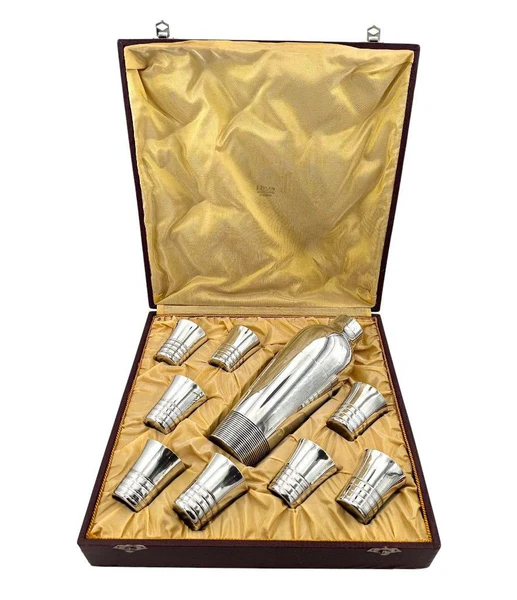 A 1930s Silver plated Art deco cocktail set with silver plated cocktail ...