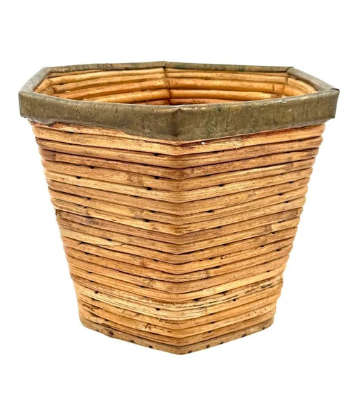 An Italian 1970s woven pencil reed hexagonal bamboo planter with brass ...
