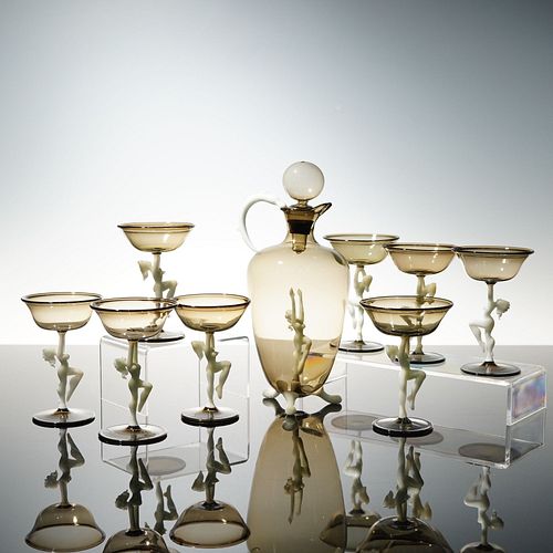9pc Bimini Werkstatte Figural Glass Carafe with Stem Glasses | Barnebys