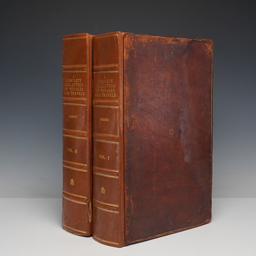 2pc John Harris Leather Books, A Complete Collection of Voyages ...