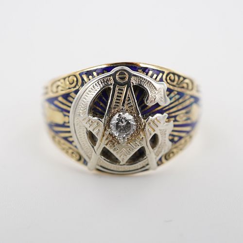 14K Gold Diamond and Enamel Past Master Masonic Ring | Barnebys