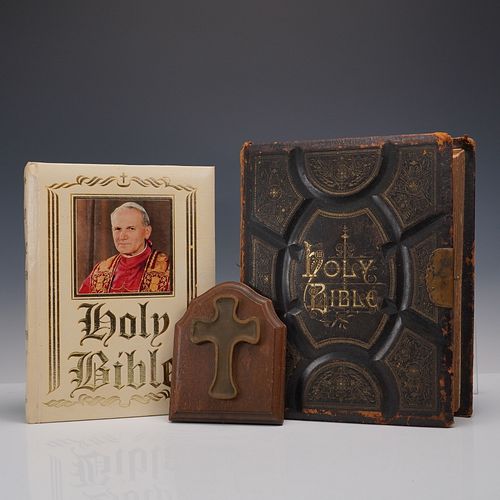 3pc Vintage Holy Bible, Pope John Paul II Edition Bible, and Wall Decor ...