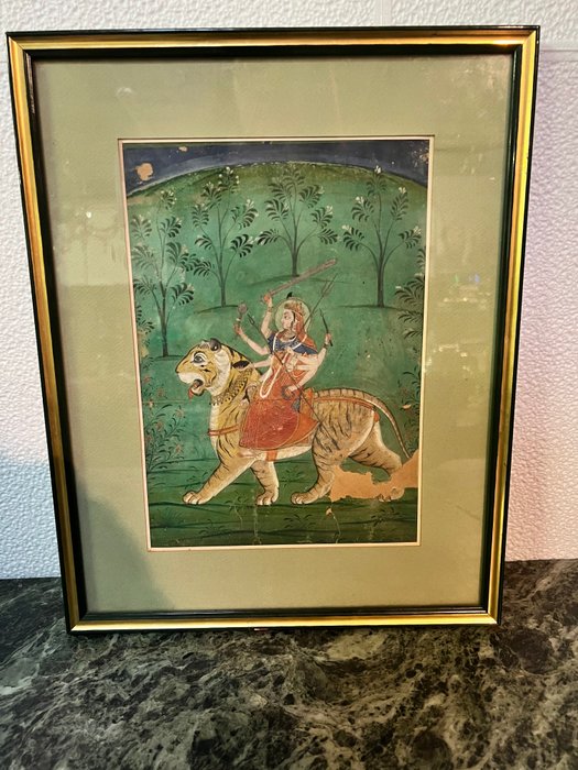 Indian miniature of Goddess Durga on the back of a tiger - India - 19th ...