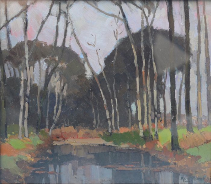 Andries van der Sloot (1883-1955) - Een vennetje met berkenbomen in ...