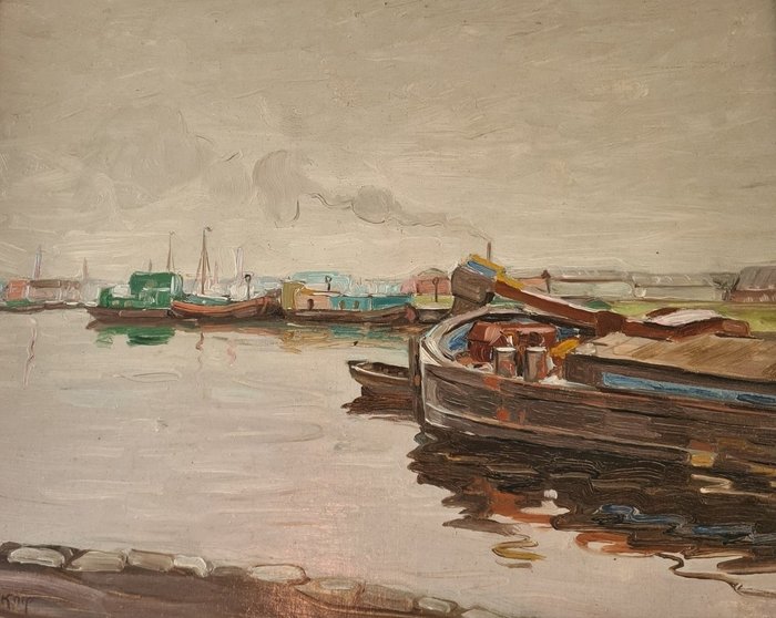 W.A Knip (1883-1967) - Haven met binnenvaart schepen | Barnebys