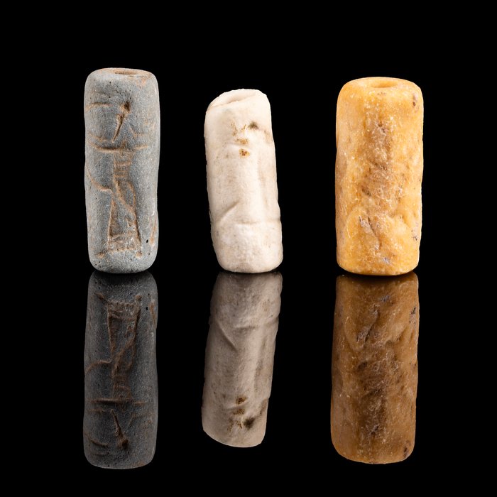 Ancient Near Eastern Group of Three Stone Cylinder Seals (No Reserve ...
