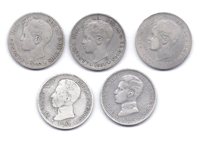Kingdom of Spain. Alfonso XIII. 1 Peseta 1900 à 1904 (No reserve price ...