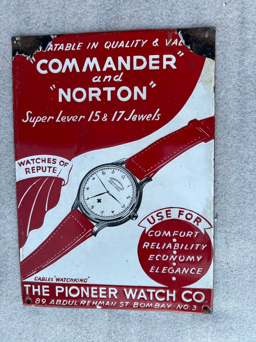The Pioneer Watch Co. - COMMANDER and NORTON - Sign - Enamel, Metal ...