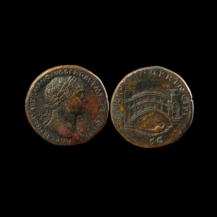 Ancient Roman Historical coin Emperor Trajan - Bridge over Danube river ...