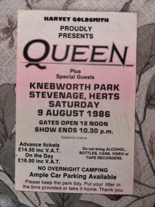 Queen - Concert ticket - Final concert with Freddie Mercury - Knebworth ...