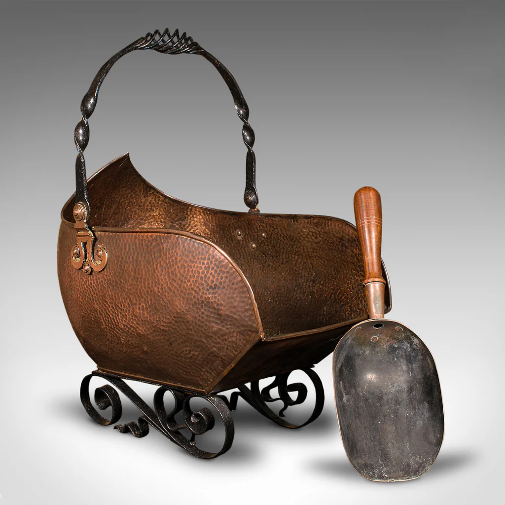 Antique Art Nouveau Coal Scuttle, English Copper, Fireside Log Bucket ...