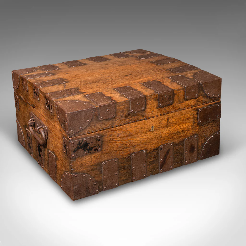 Antique Silver Chest, English Oak, Steel Bound, Steamer Trunk ...