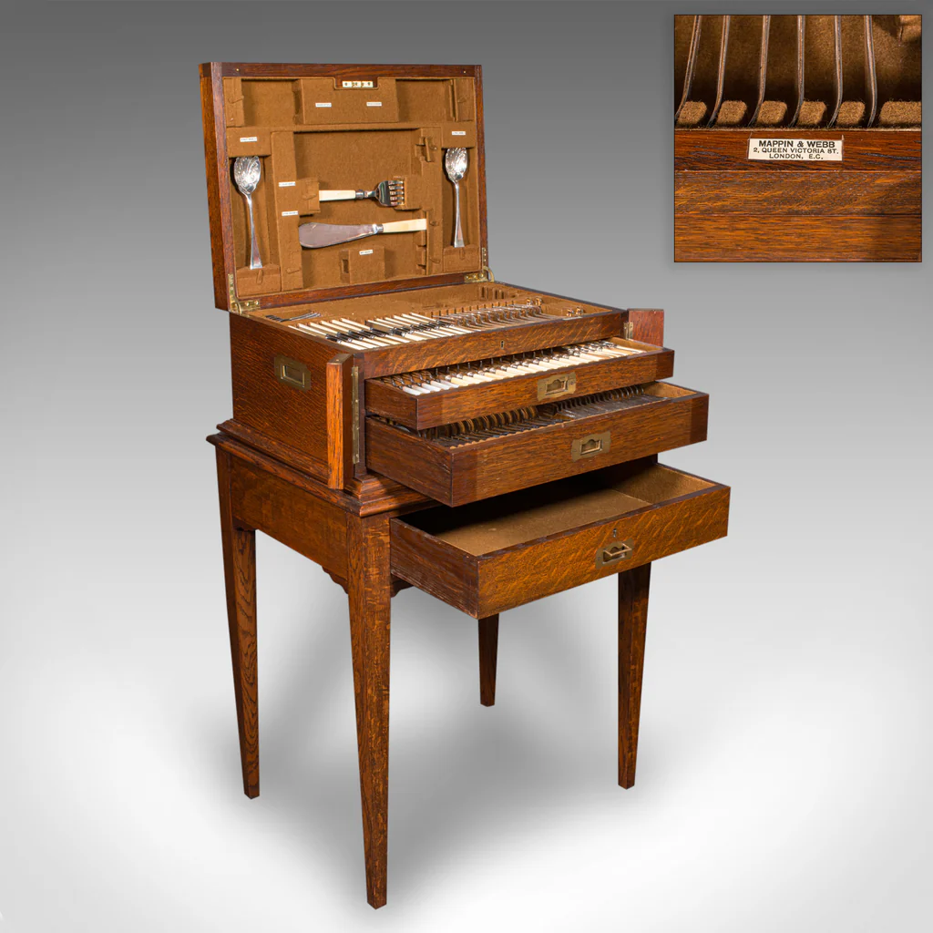Antique 154pc Canteen On Stand, English, Oak, Mappin & Webb, Cutlery ...