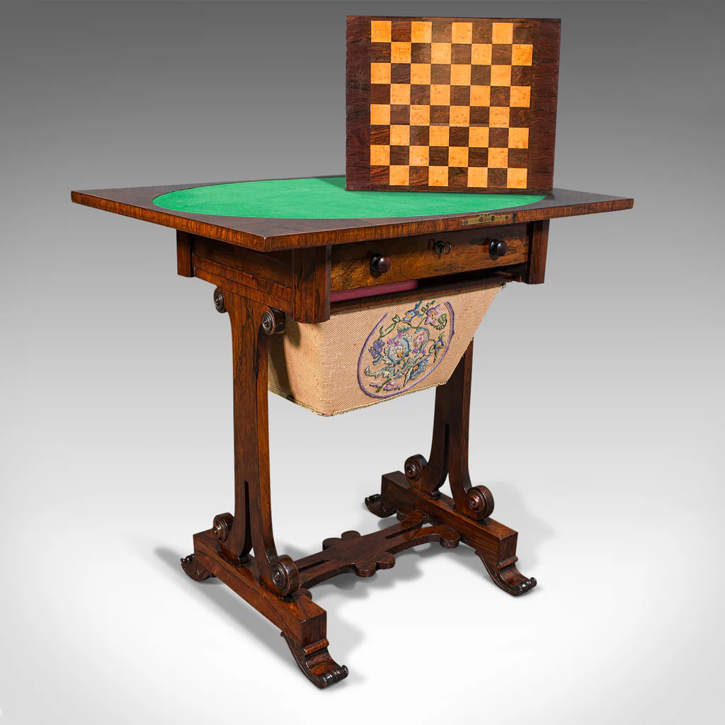 Antique Fold Over Games Table, English, Rosewood, Chess, Cards, Regency ...