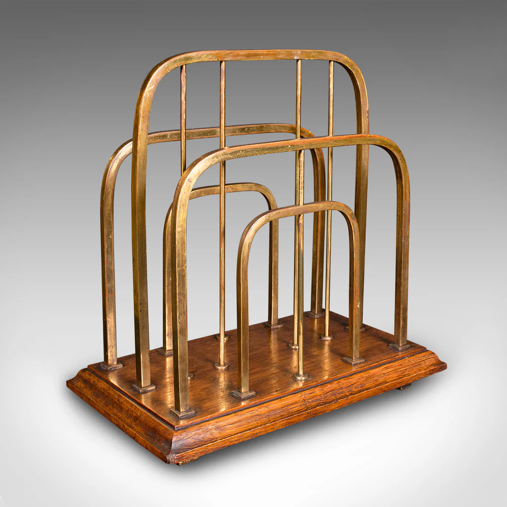 Antique Chairside Newspaper Rack, English, Oak, Brass, Magazine Stand ...