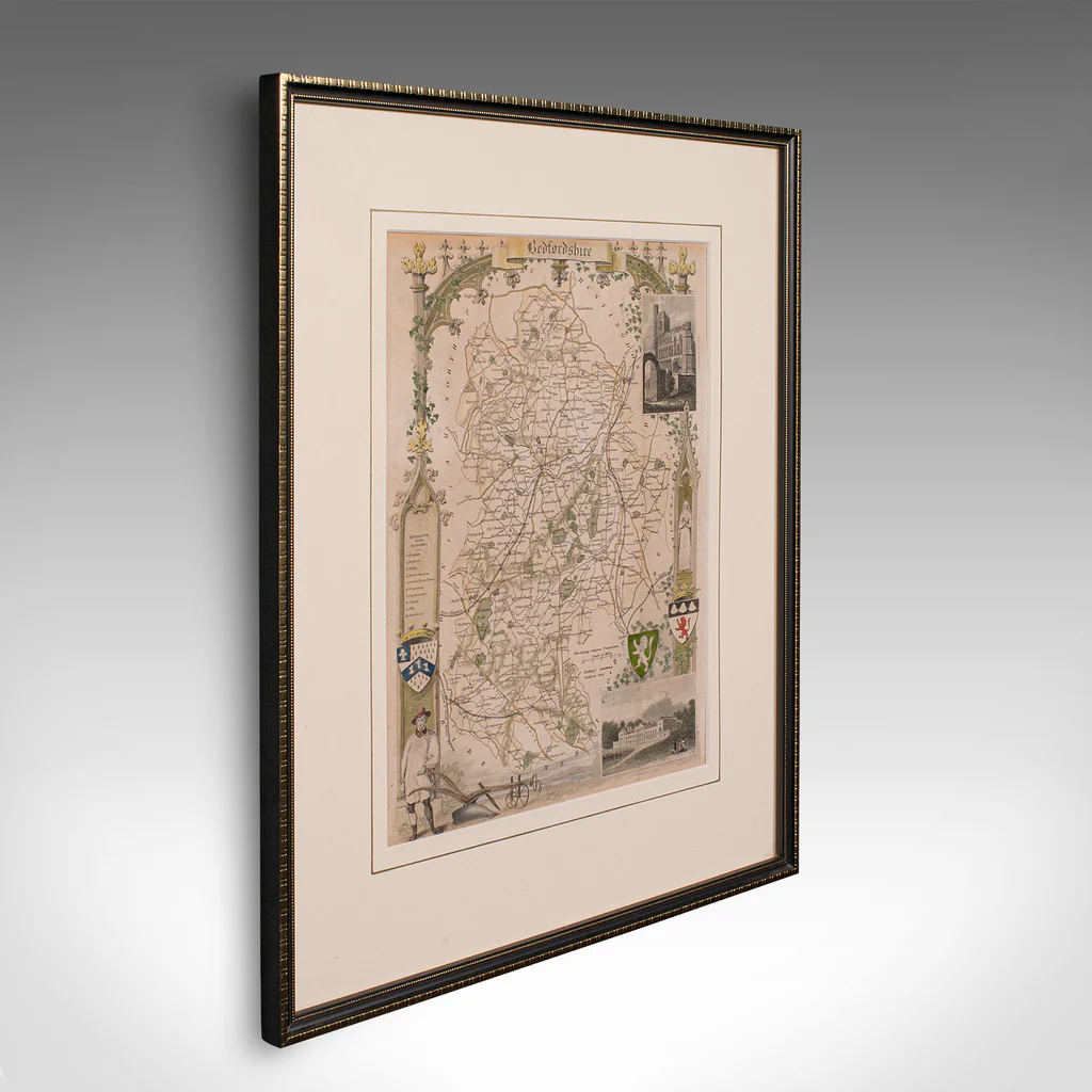 Antique Lithography Map, Bedfordshire, English, Framed Engraving ...