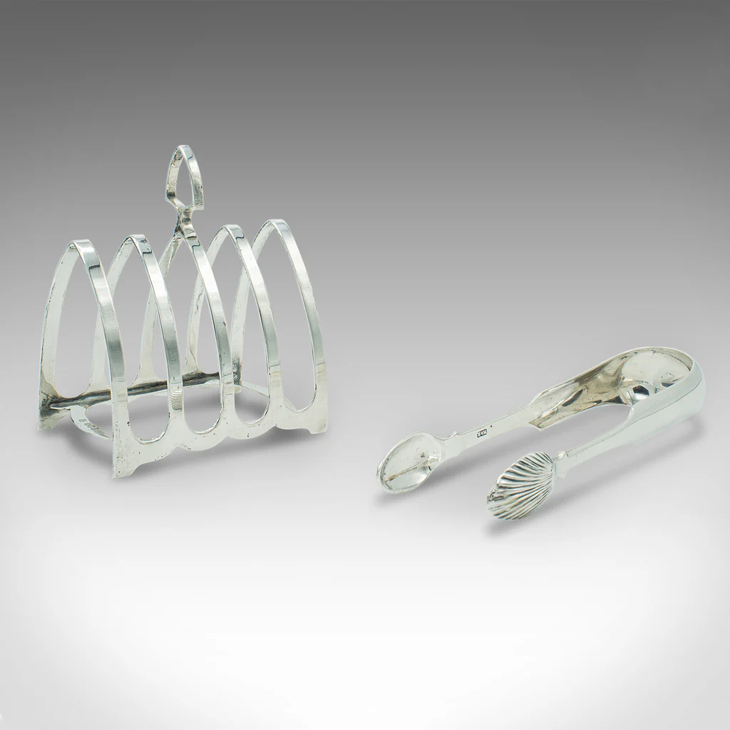 Antique Breakfast Set, English, Silver, Toast Rack, Tongs, Regency ...