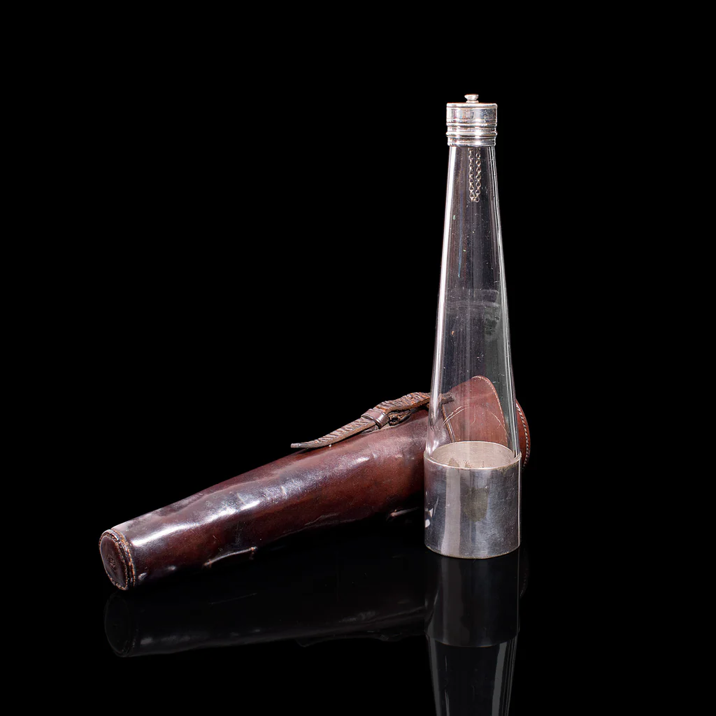 Antique Hunting Flask, English, Silver Plate, Leather Case, Bottle ...