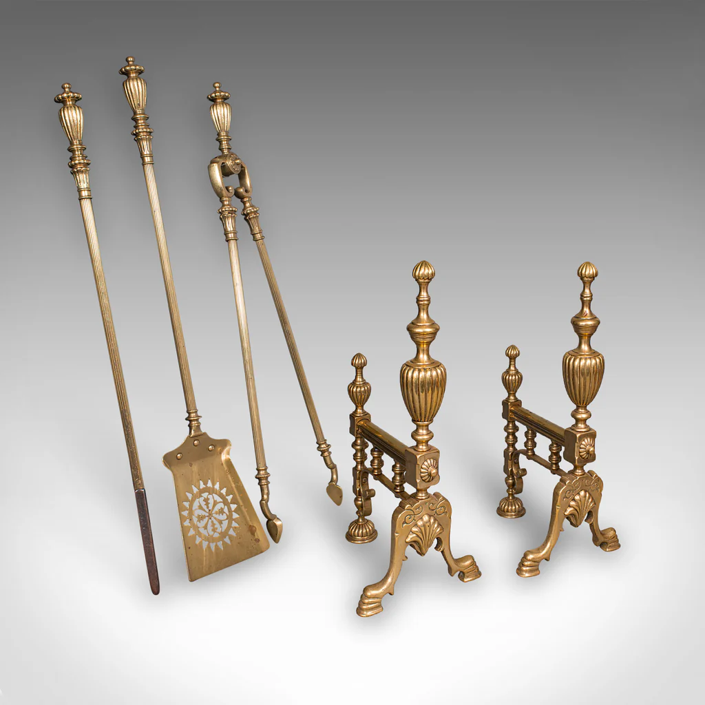 Antique Fireplace Tool Suite, English, Brass, Shovel, Poker, Tongs ...