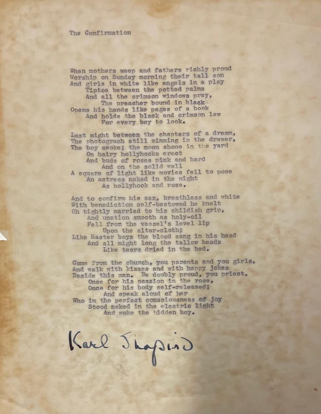 KARL SHAPIRO ORIGINAL SIGNED TYPED 1942 POEM "THE CONFIRMATION ...