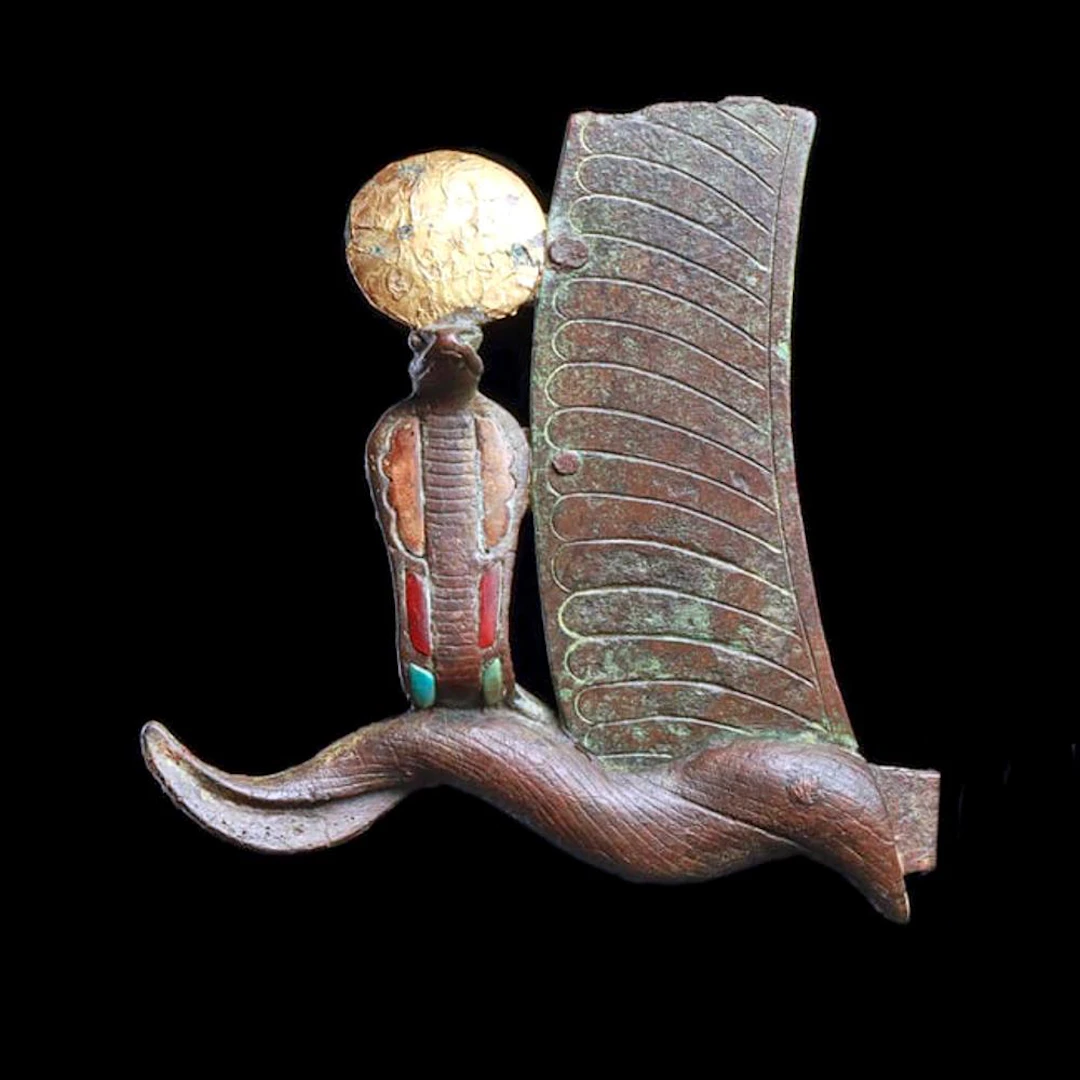 Egyptian Bronze Statue Crown | Ram Horn, Solar Disc, Gilt Uraeus