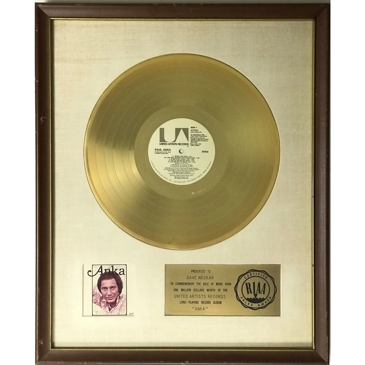 Paul Anka - Anka RIAA Gold LP Award - RARE | Barnebys
