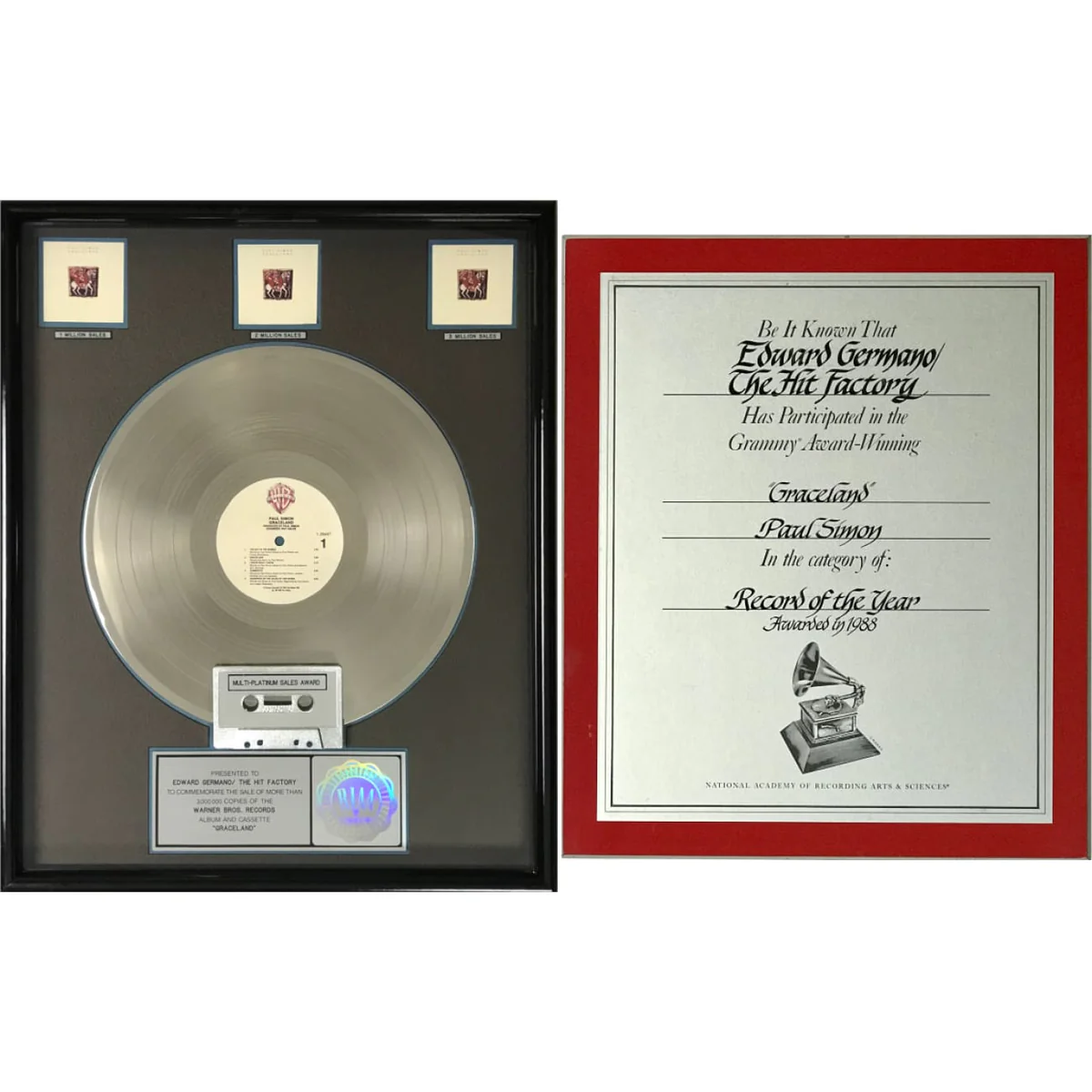 Paul Simon Graceland RIAA 3x Multi-Platinum Album Award + Grammy Win ...