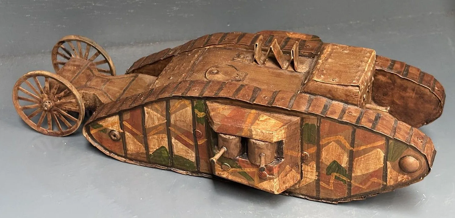 Assembled, carved and painted wooden battle tank made in the trenches ...