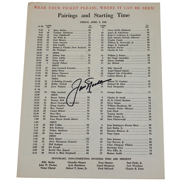 Jack Nicklaus Signed 1963 Masters Tournament Friday Pairing Sheet JSA ...