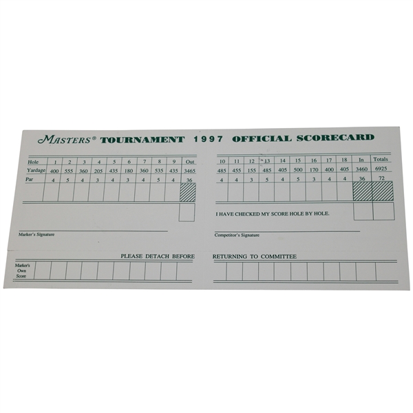 1997 Masters Tournament Official Scorecard - Tiger Woods' First Master ...
