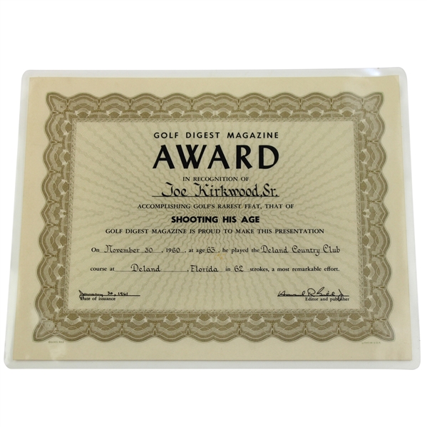 Joe Kirkwood Sr. 1961 Golf Digest Magazine Shooting His Age Award ...