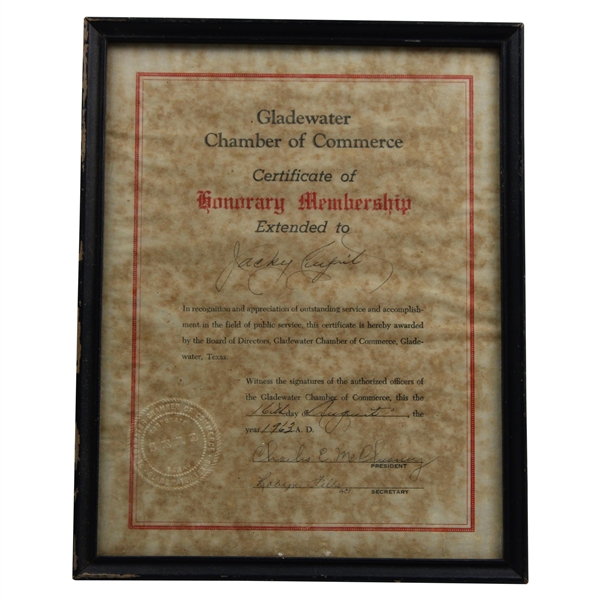 Jacky Cupit's 1963 Gladewater Chamber Of Commerce Honorary Membership ...