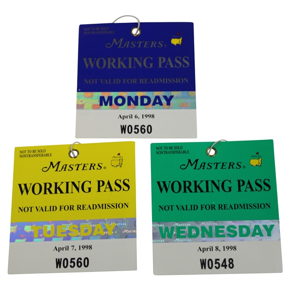 1998 Masters Tournament Monday, Tuesday & Wednesday Working Pass Badges ...