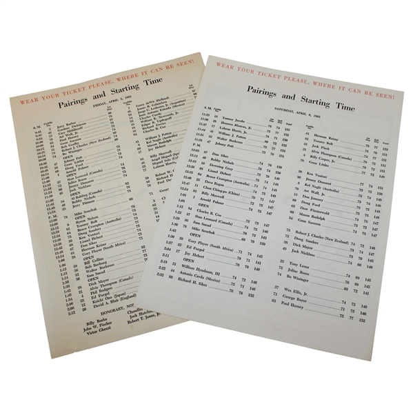 1963 Masters Tournament Friday & Saturday Pairing Sheets - Jack's ...