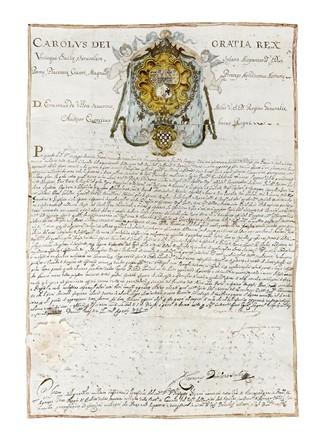 2 pergamene, ornate di stemmi, contenenti una provvisione e una immunit ...