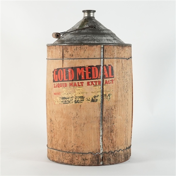 Gold Medal Liquid Malt Extract Wood Wrapped Metal Jug Can | Barnebys