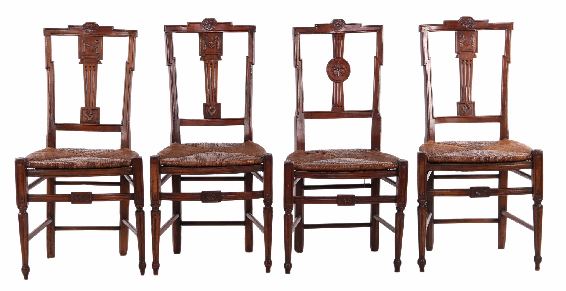 4 iepenhouten eetkamerstoelen voorzien van steekwerk en biezen matten ...