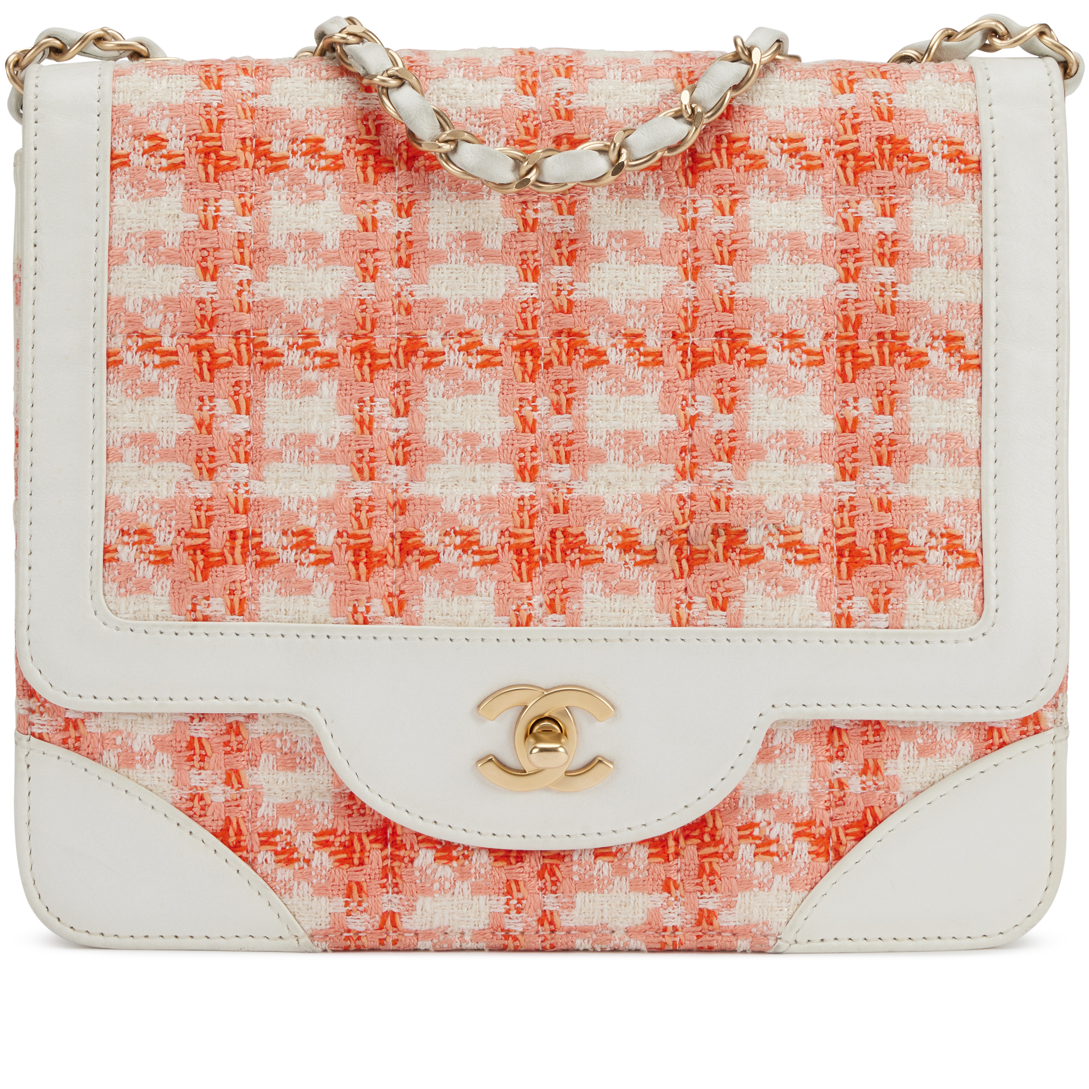 White and Orange Tweed, White Calfskin Chocolate Bar Quilted CC Square ...