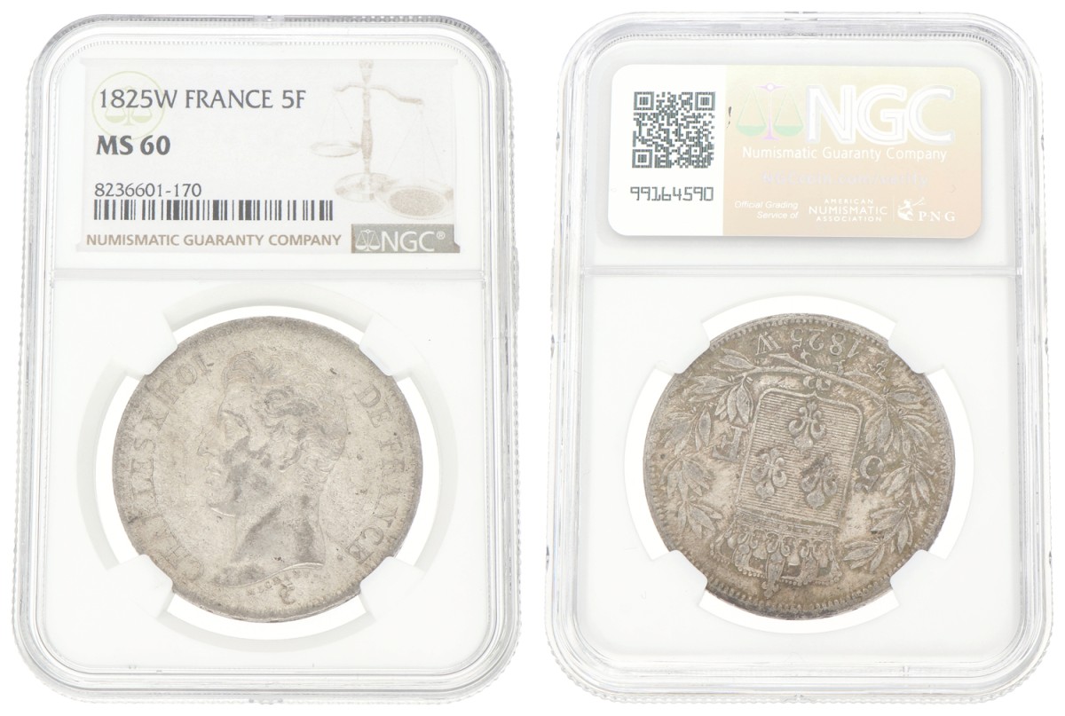#334 | France. Charles X. 5 Francs. 1825 W. NGC graded. MS 60 | Barnebys