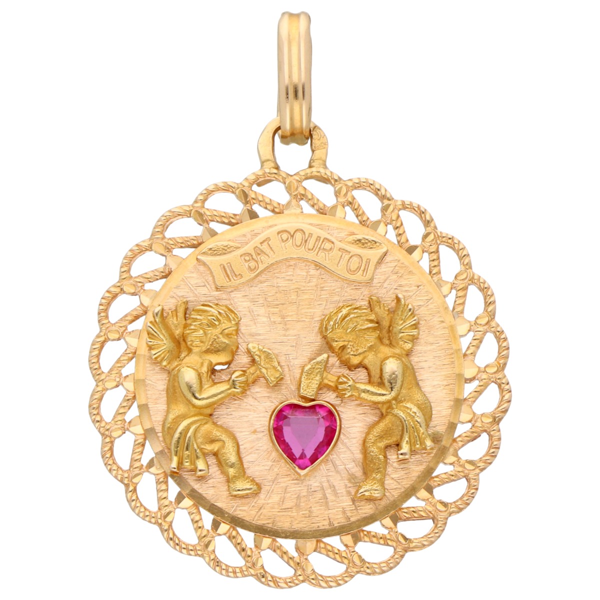#252 | 18K Yellow gold pendant il bat pour toi with ruby | Barnebys