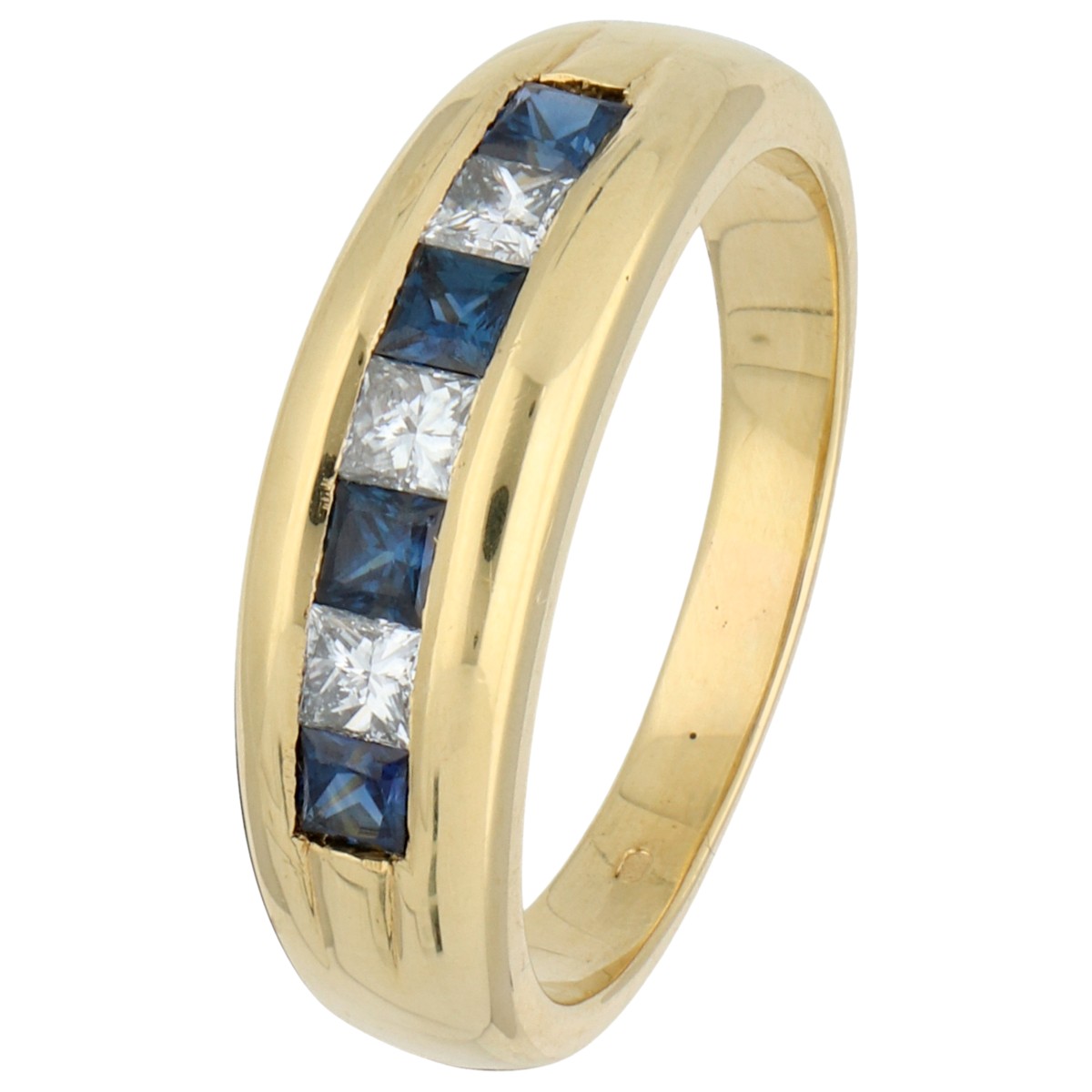 #45 | 18K yellow gold row ring set with diamonds and sapphire | Barnebys