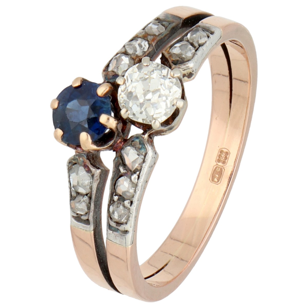 #417 | Gold/silver antique ring set with diamond and sapphire | Barnebys