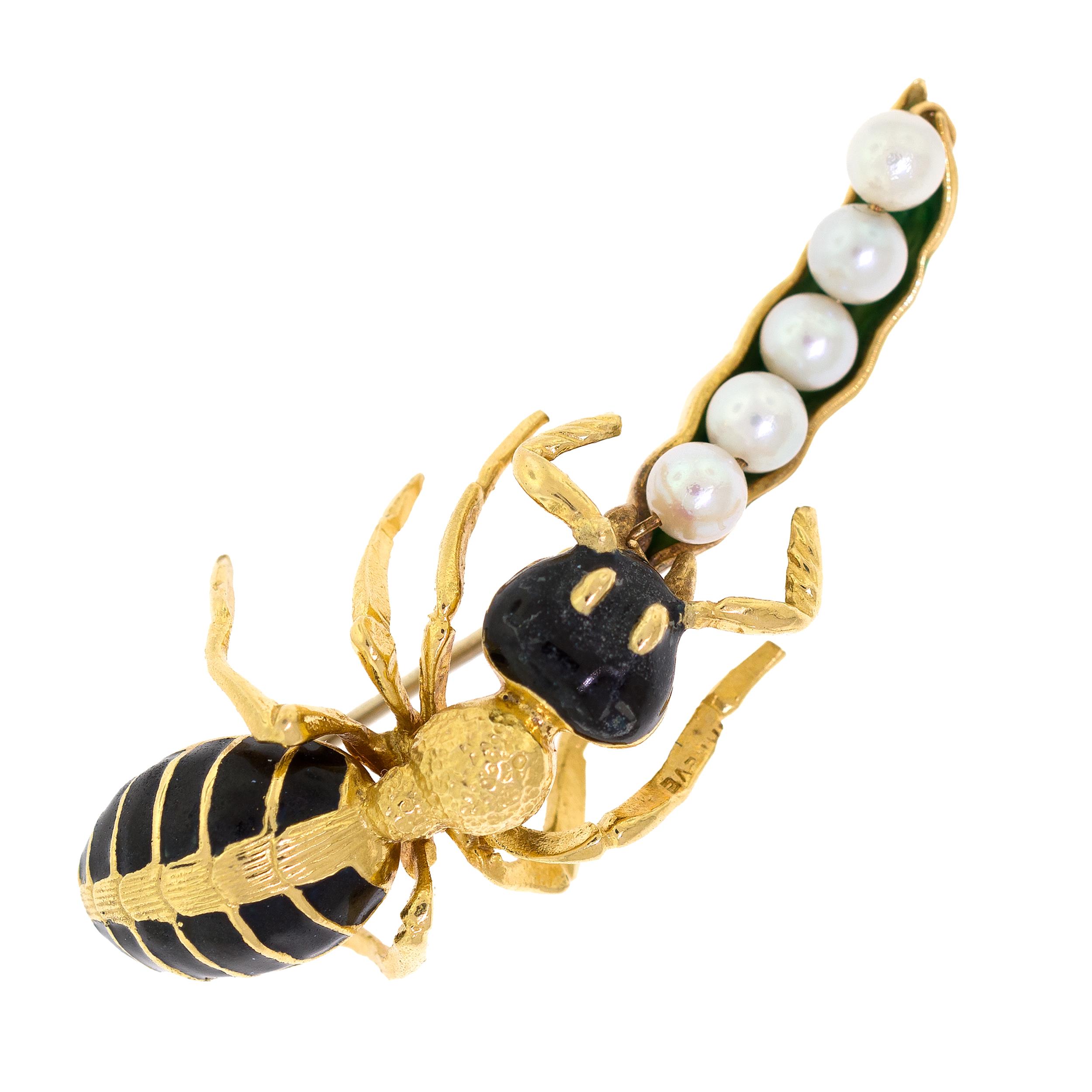 18K GOLD ENAMEL ANT & PEARL PEA POD PIN. | Barnebys