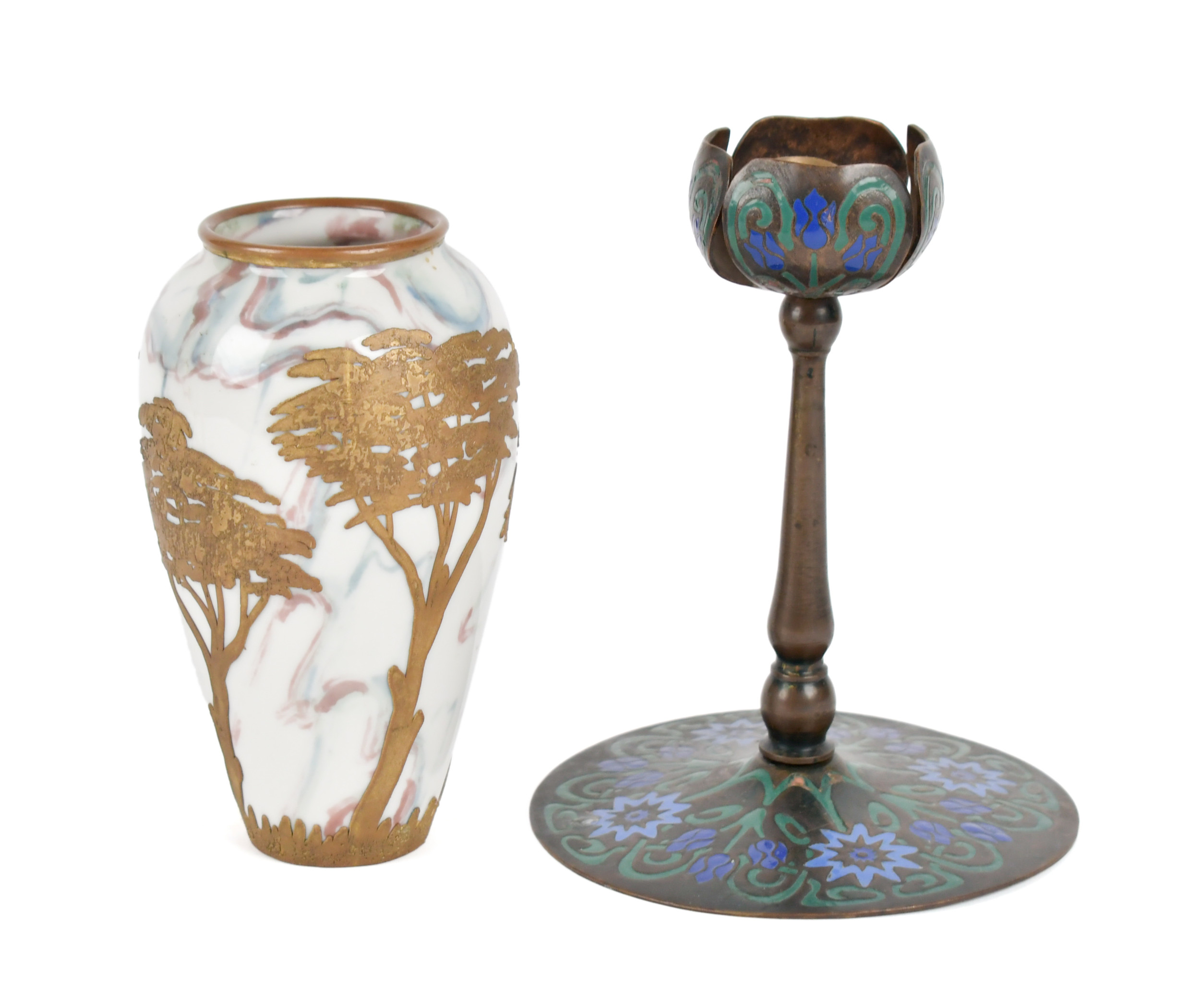 HEUBACH OVERLAY VASE AND ENAMELED BRONZE CANDLESTICK. | Barnebys